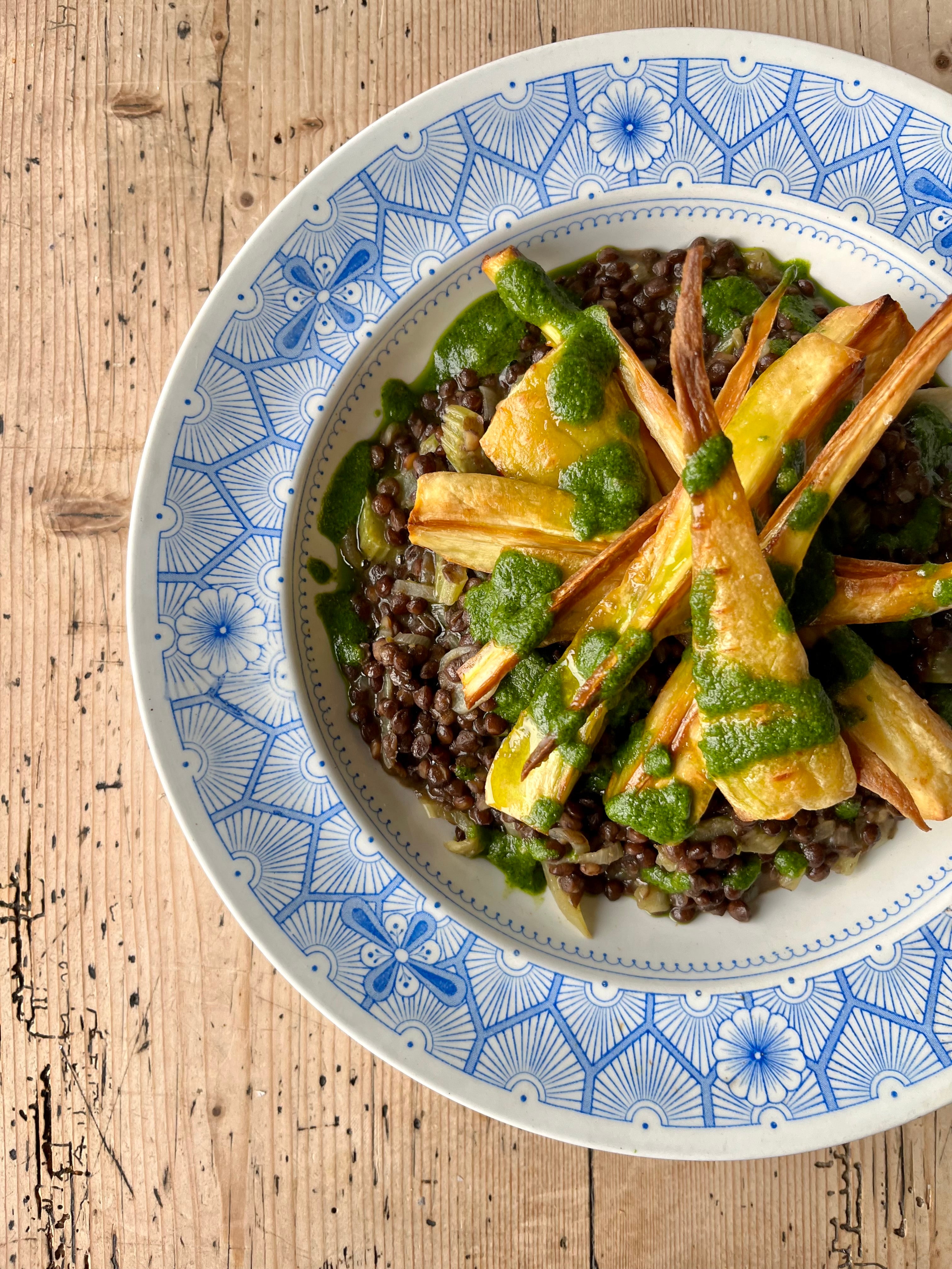 Braised Lentils with Crispy Parsnips & Salsa Verde – Merchant Gourmet